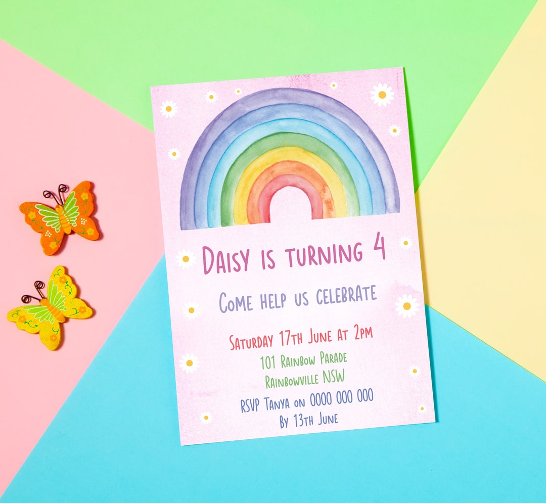 Watercolour Rainbow Birthday Invitation, Rainbow Birthday Invitation ...