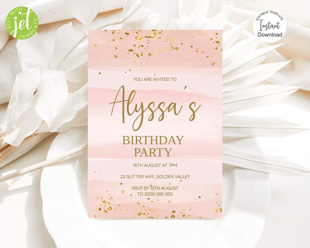 Pink and Gold Birthday Invitation, Digital Party Invite, Digital ...