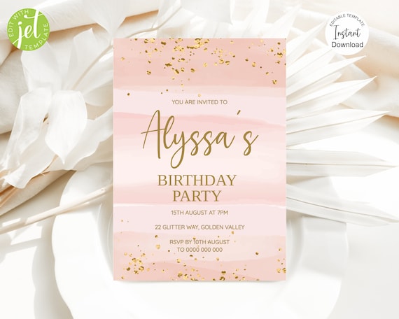 Pink and Gold Birthday Invitation Digital Party Invite - Etsy
