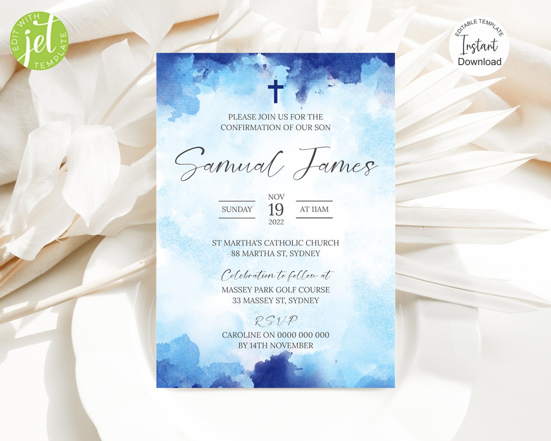 Boys Confirmation Invitation Template, Blue Confirmation Invitation ...