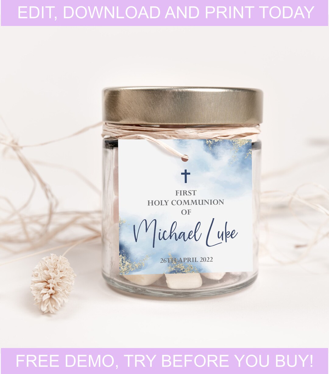 Holy Communion Favor Tag Template, Blue and White Communion Tag for Boy ...