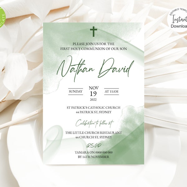 Green Communion Invitation - Etsy