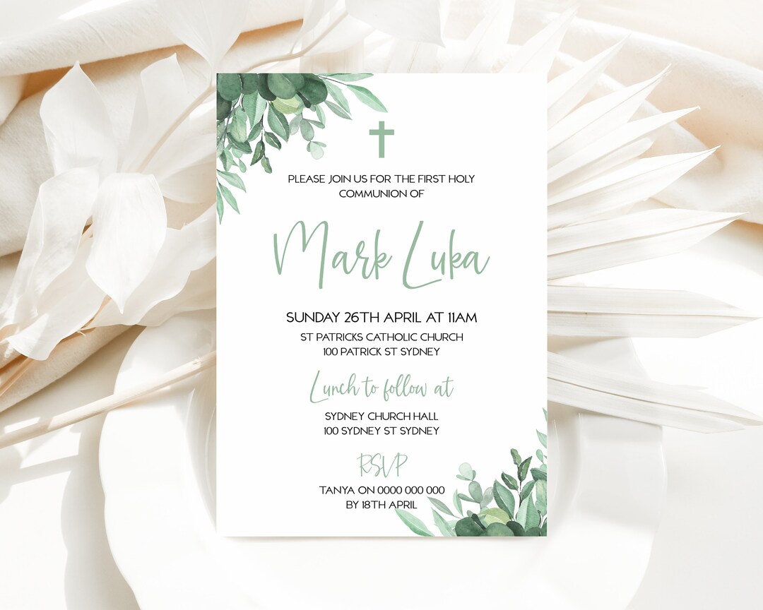 Boys First Holy Communion Invitation, Eucalyptus Leaves Communion ...