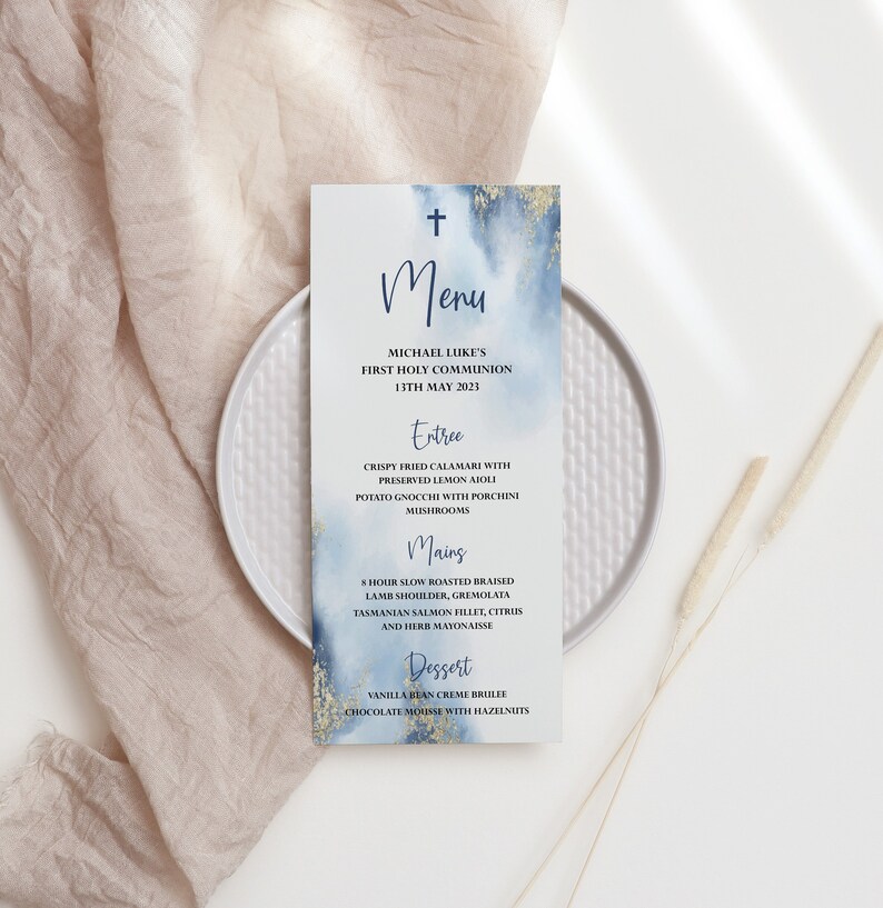 Boys First Holy Communion Menu, Blue Communion Menu Template, Digital ...