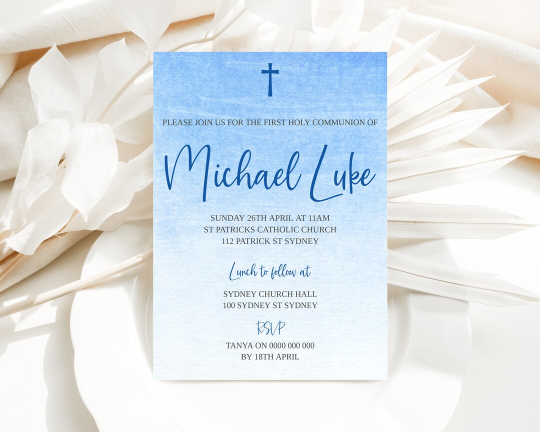 Boys First Holy Communion Invitation, Blue Communion Invitation ...