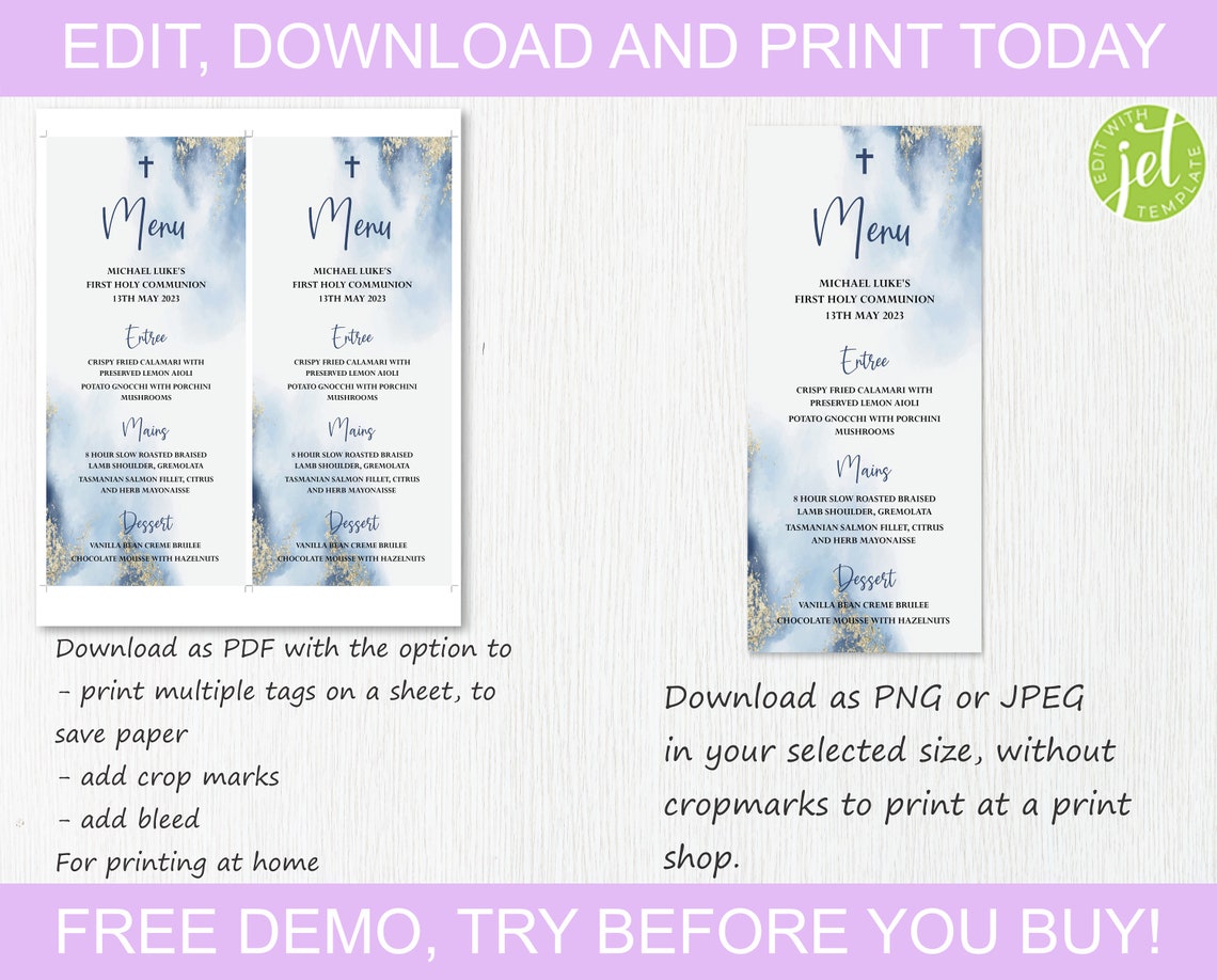 Boys First Holy Communion Menu, Blue Communion Menu Template, Digital ...