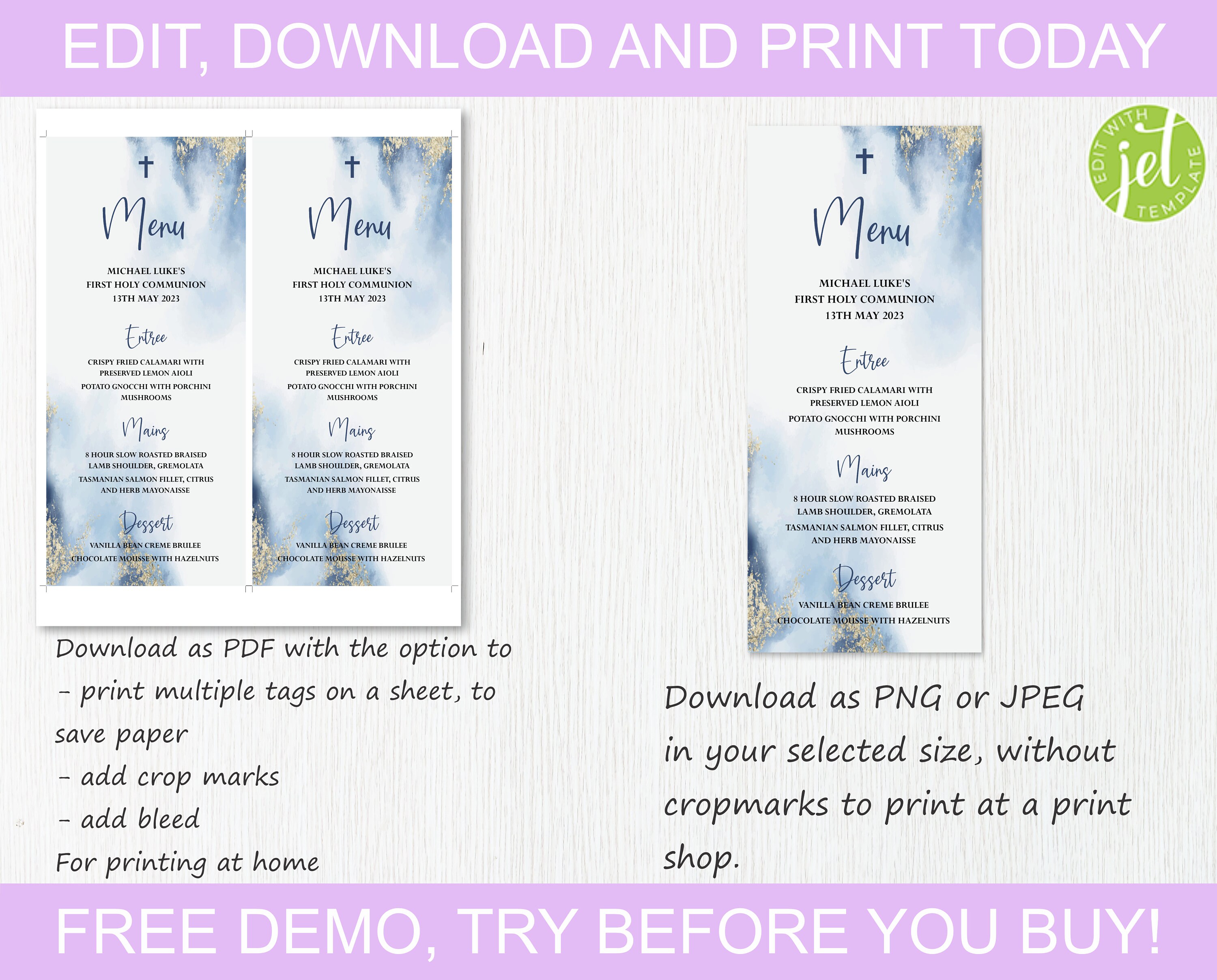 Boys First Holy Communion Menu, Blue Communion Menu Template, Digital ...