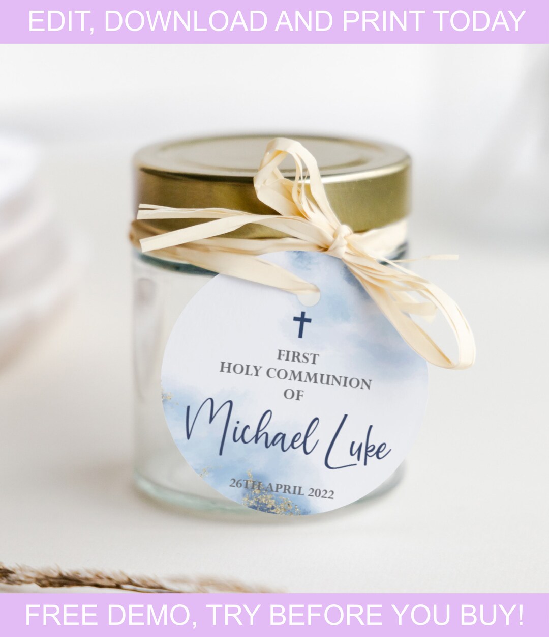 Holy Communion Favor Tag Template, Blue and White Communion Tag for Boy ...