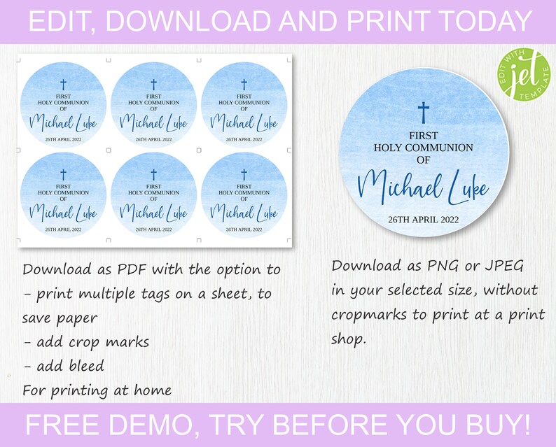 Holy Communion Favor Tag Template, Blue Watercolour Communion Tag for ...