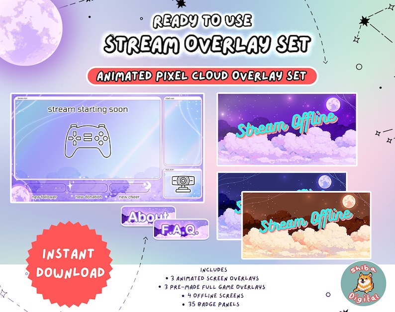Animated Pixel Art Stream Overlay Package for Twitch, Pixel Art Clouds ...
