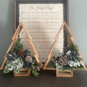Wooden Tabletop Tree With Winter Arrangement of Greenery, Blue Berries ...