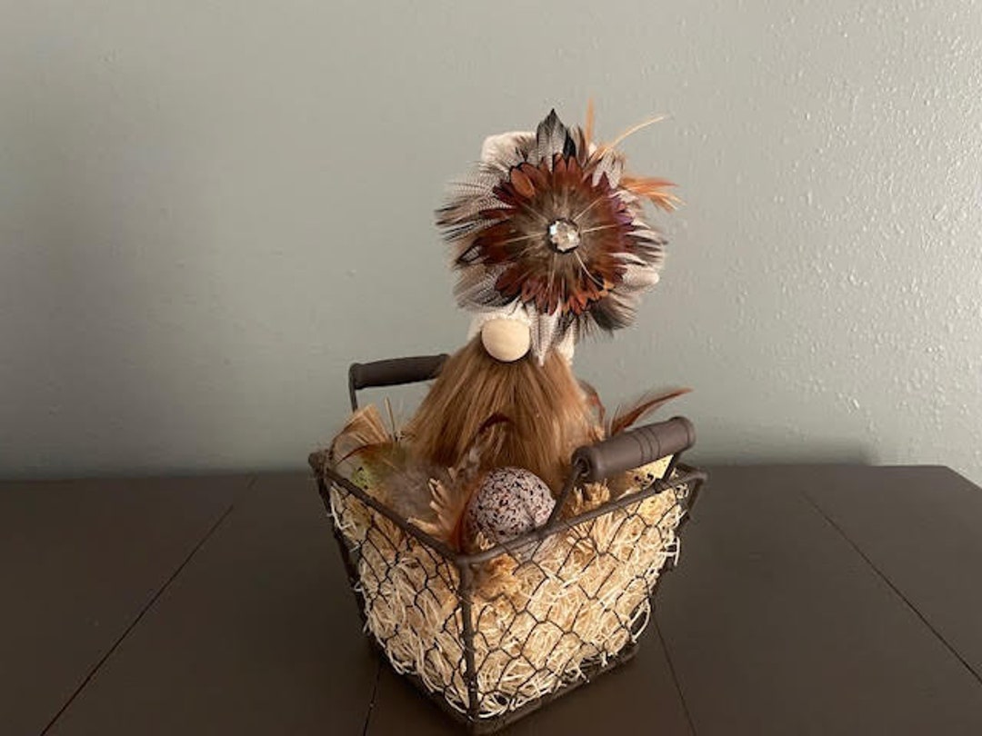 Adorable "chicken" Gnome Nesting in a Wire Basket With Speckled Eggs ...