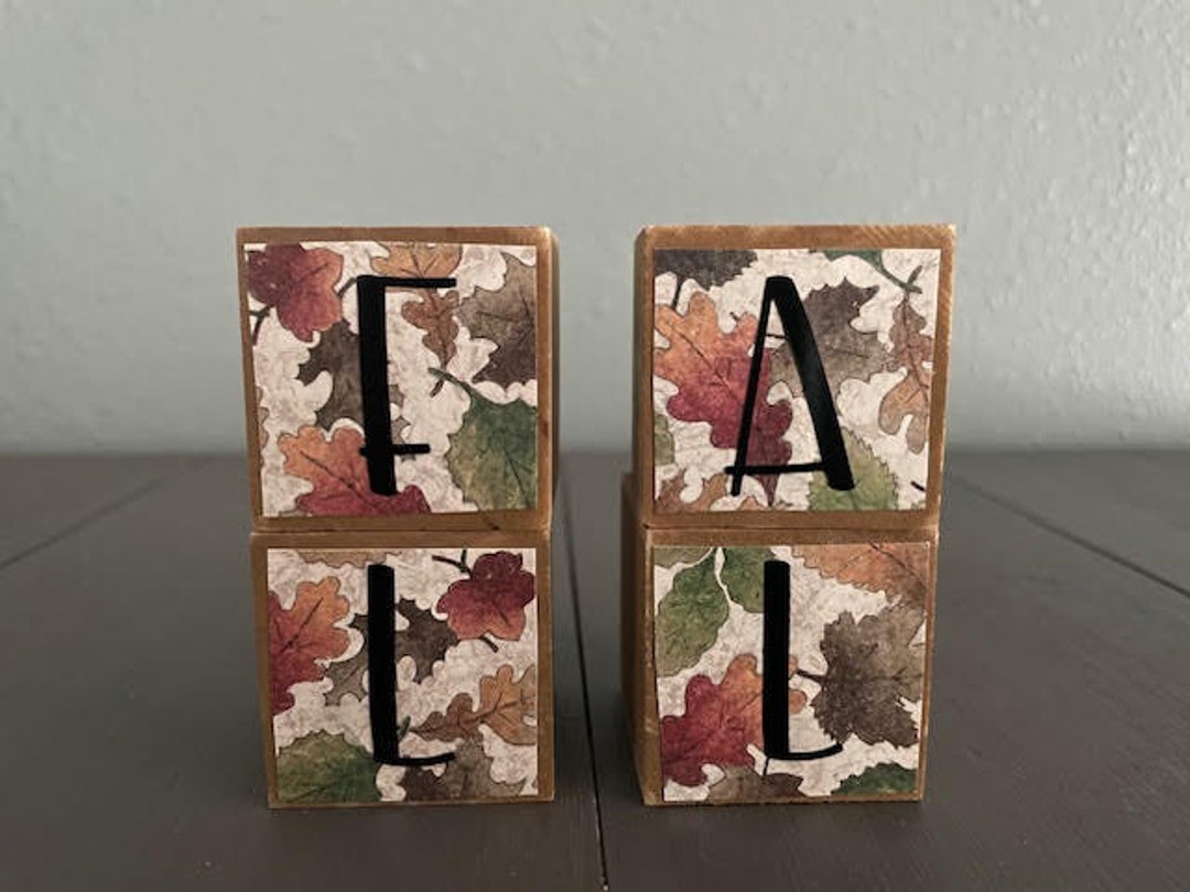 Four Earthy Taupe 2 Wood Cubes With Autumn Leaf Paper Spelling FALL in ...