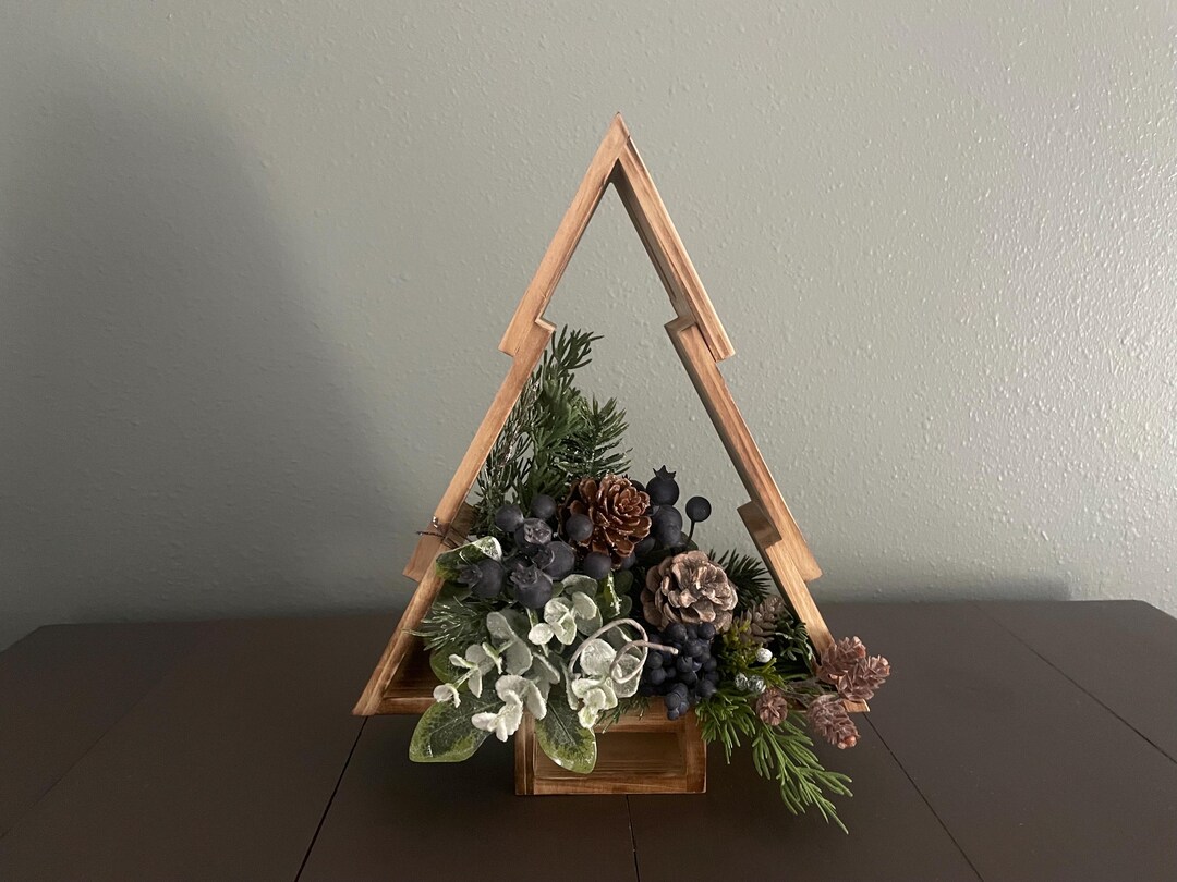 Wooden Tabletop Tree With Winter Arrangement of Greenery, Blue Berries ...