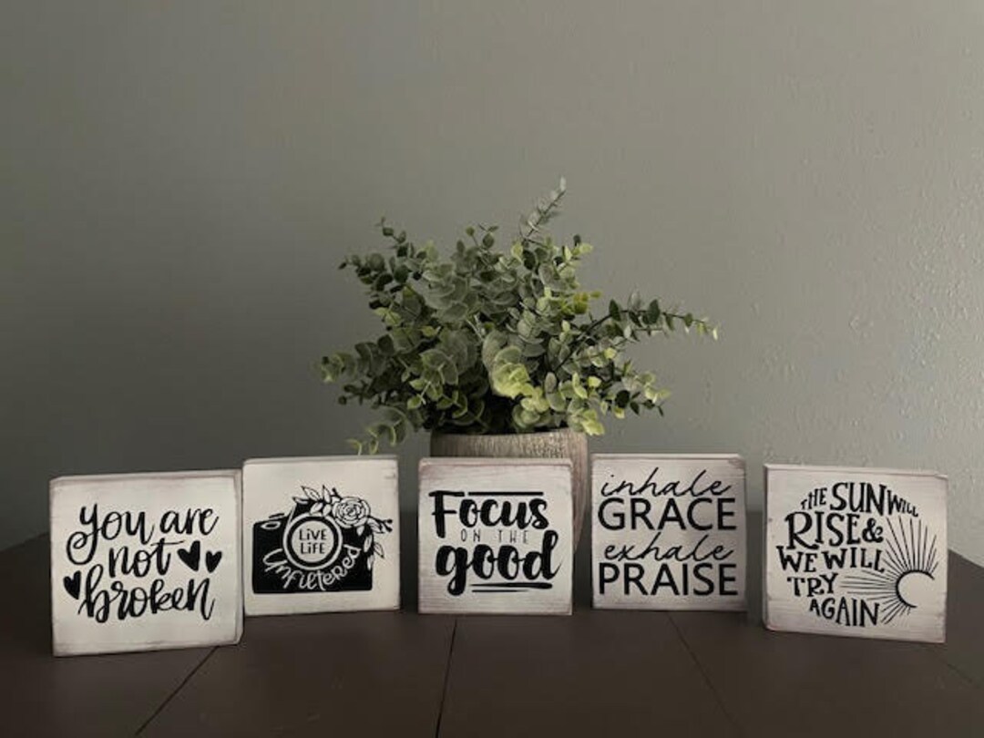 4 Square Distressed White Wood Word Blocks With Various Sayings, Tiered ...