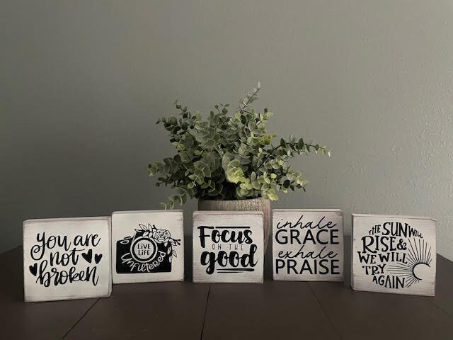 4 Square Distressed White Wood Word Blocks With Various Sayings, Tiered ...