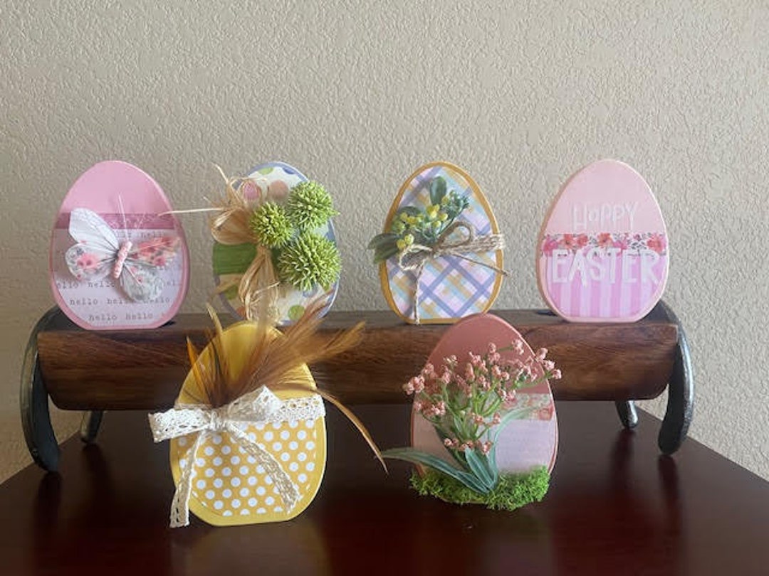 4 Wood Block Easter Eggs With Various Embellishments, Tiered Tray Decor ...