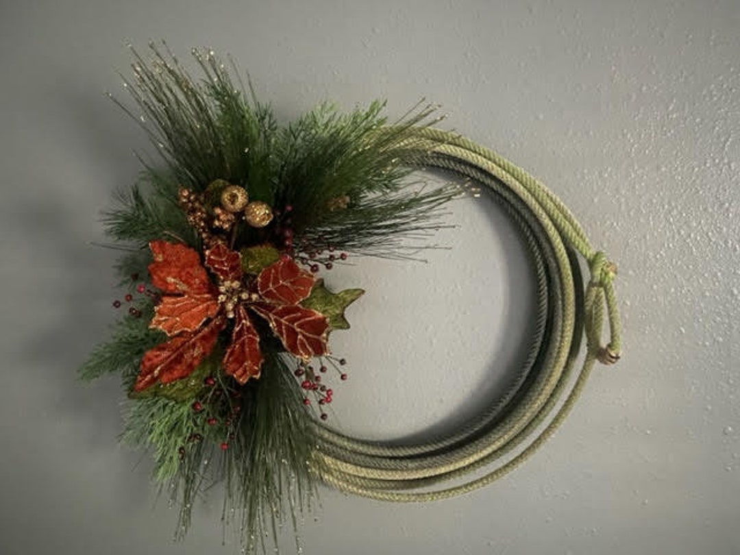 Festive 15" Green Lasso Wreath With Rust Brown Sparkly Poinsettia, Gold ...