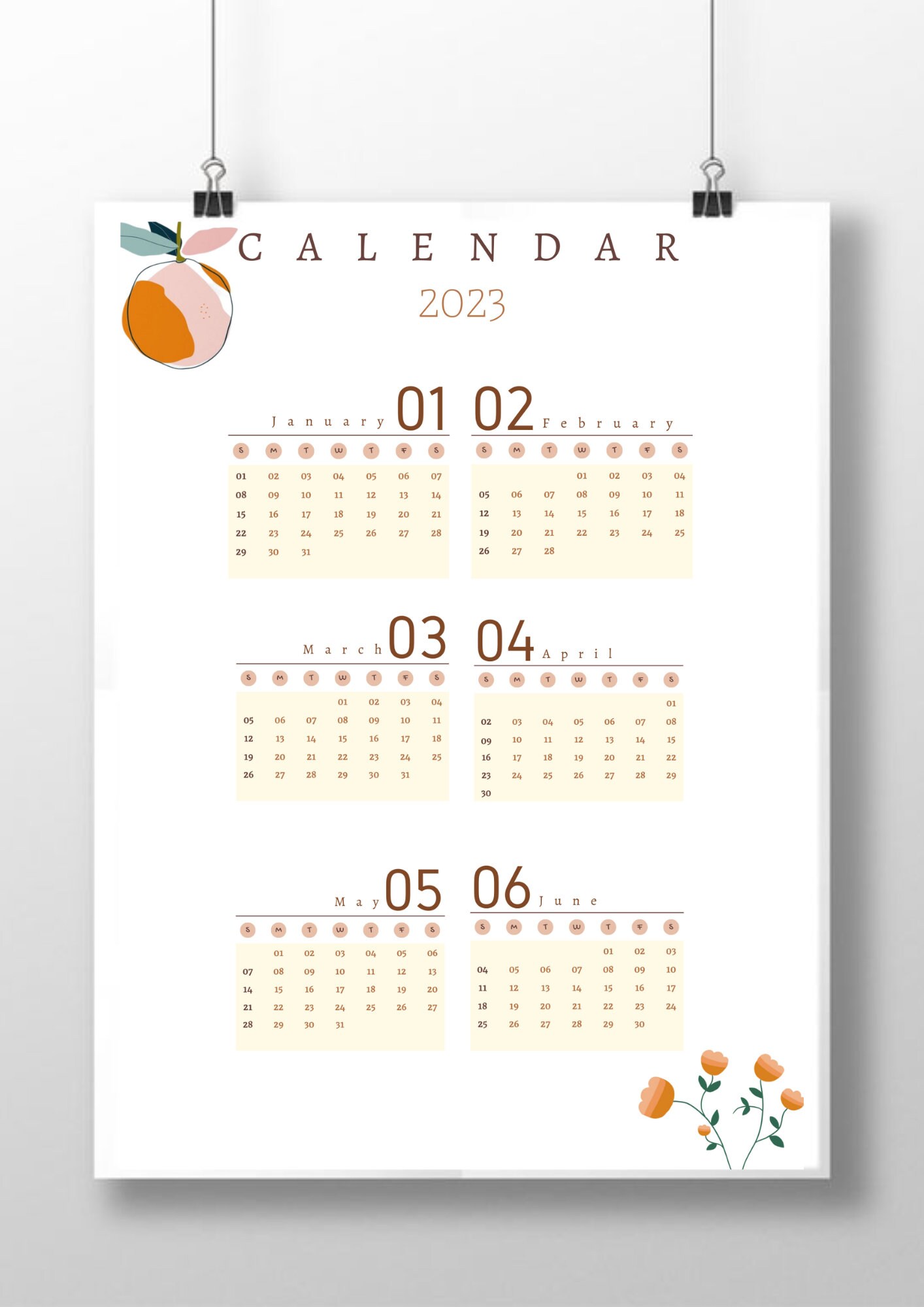 2023 Calendar Printable, Simple Calendar, 2023 Desk Calendar, Orange ...