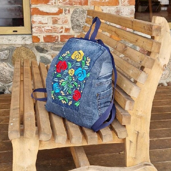 Denim Embroidered Backpack - Etsy
