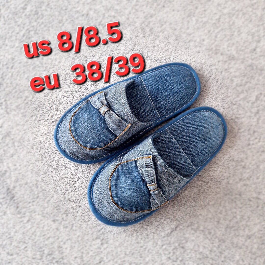 Handmade Recycled Denim Slippers: Washable Bow Accent Guest Shoes - Etsy