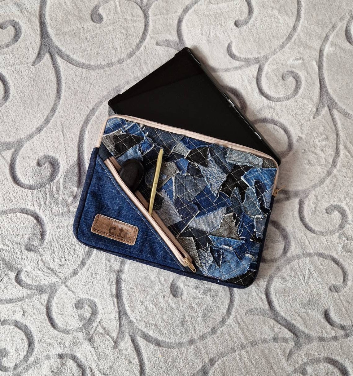 Patchwork Denim Tablet Sleeve, Travel Document Holder, Jeans Computer ...