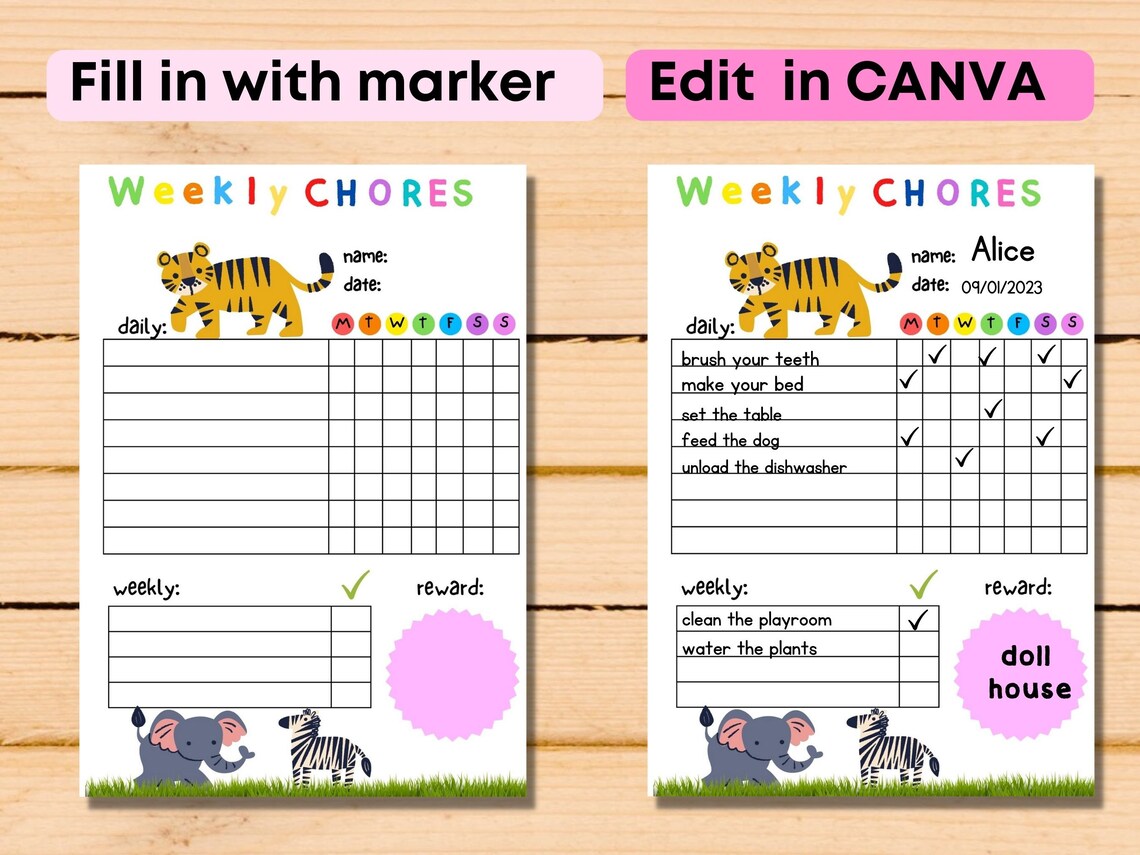 Weekly African Animals Chore Chart for Kids,canva Editable Pdf,kids ...