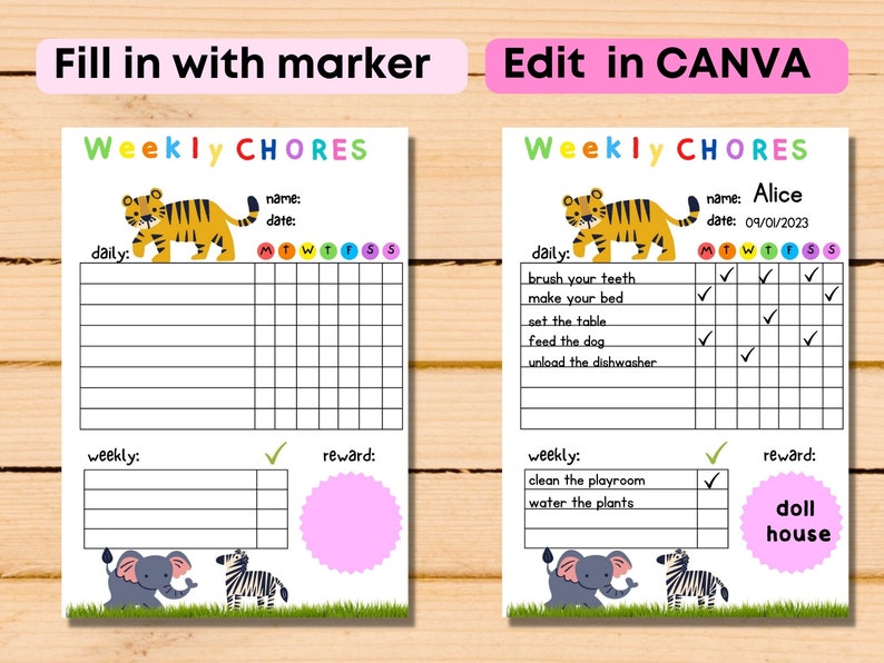 Weekly African Animals Chore Chart for Kids,canva Editable Pdf,kids ...