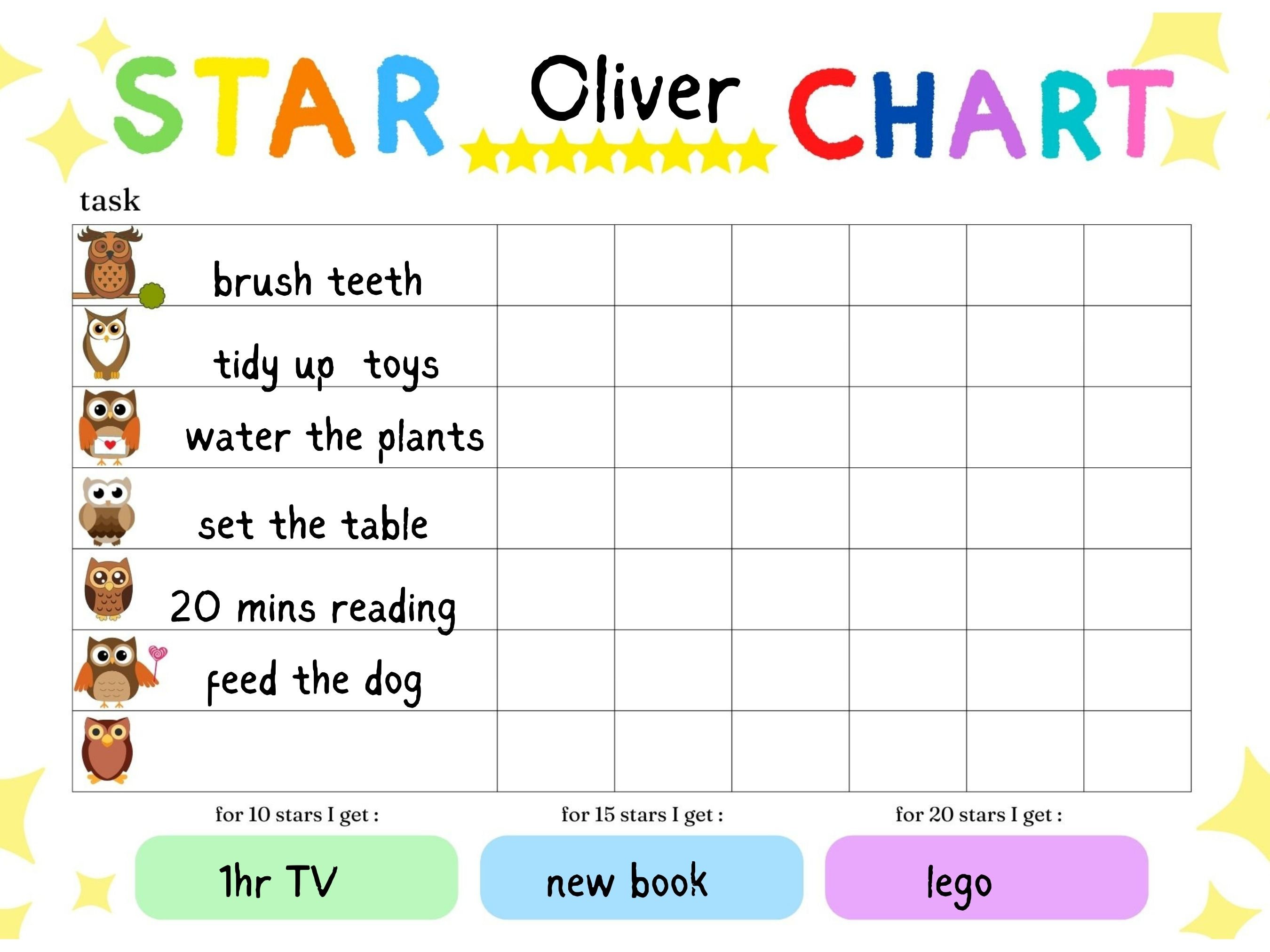 Star Chart for Kids All Kids, OWL Reward Chart, Animal Daily Routine ...