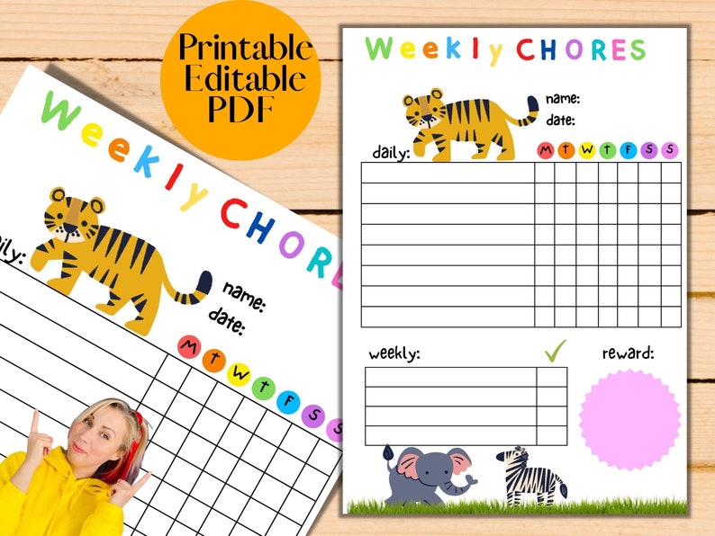 Weekly African Animals Chore Chart for Kids,canva Editable Pdf,kids ...