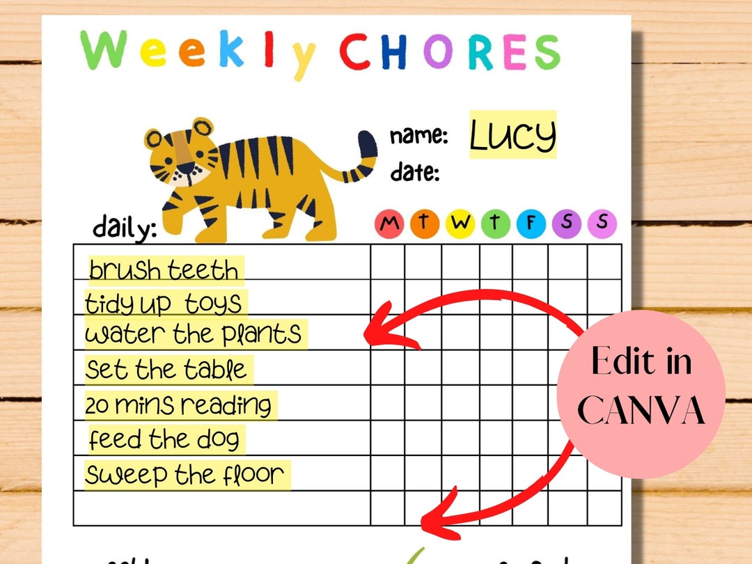Weekly African Animals Chore Chart for Kids,canva Editable Pdf,kids ...