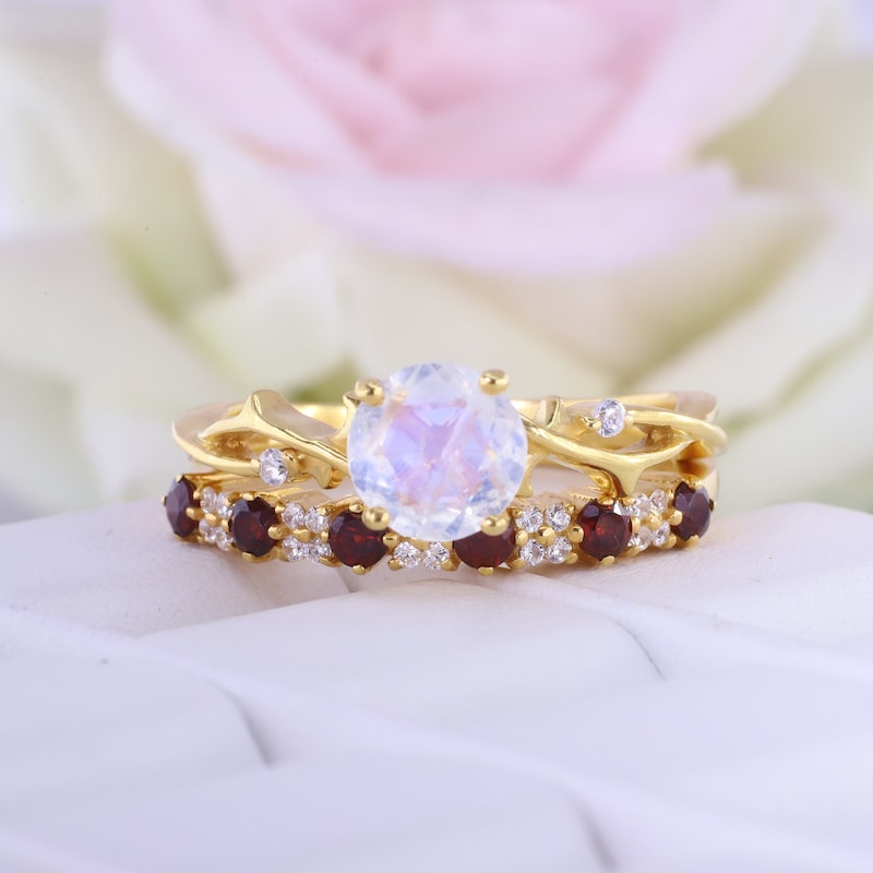 Moonstone Wedding Ring Set - Etsy