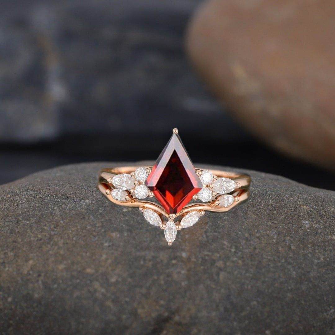 Kite Garnet Wedding Ring Set, CZ Diamond Curved Matching Band, Delicate ...