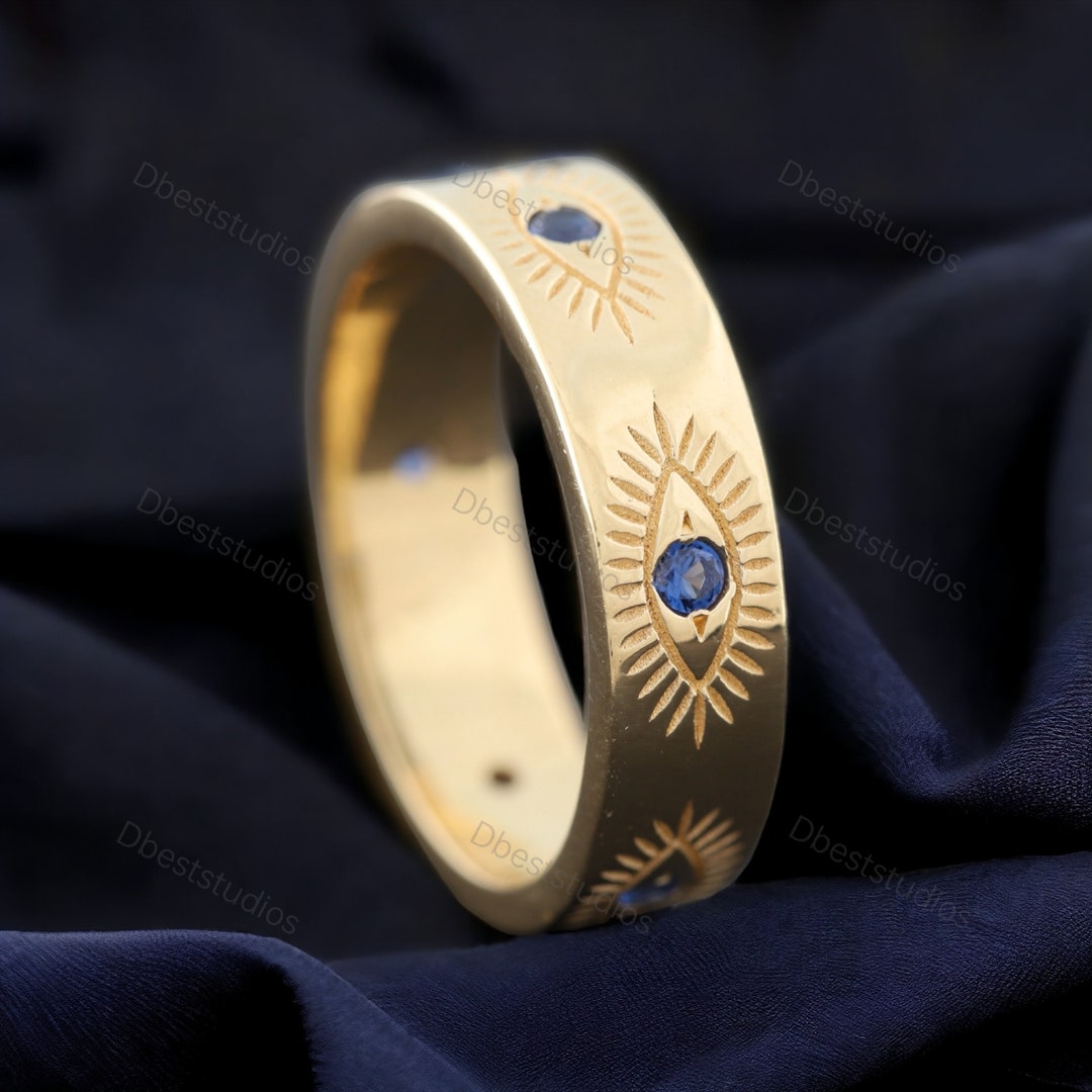 Vintage Karma Eye Sapphire Ring Evil Eye Engraved Band is in 14K Solid ...