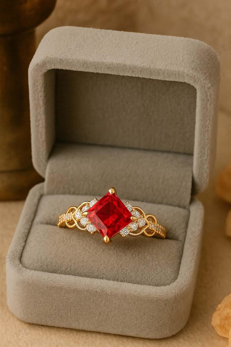 Princess Cut Ruby Engagement Ring, Unique Gold Diamond Bridal Ring ...
