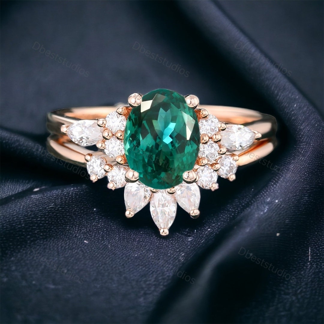 Green Emerald Wedding Ring Set Diamond Cluster Bridal Jewelry Unique ...