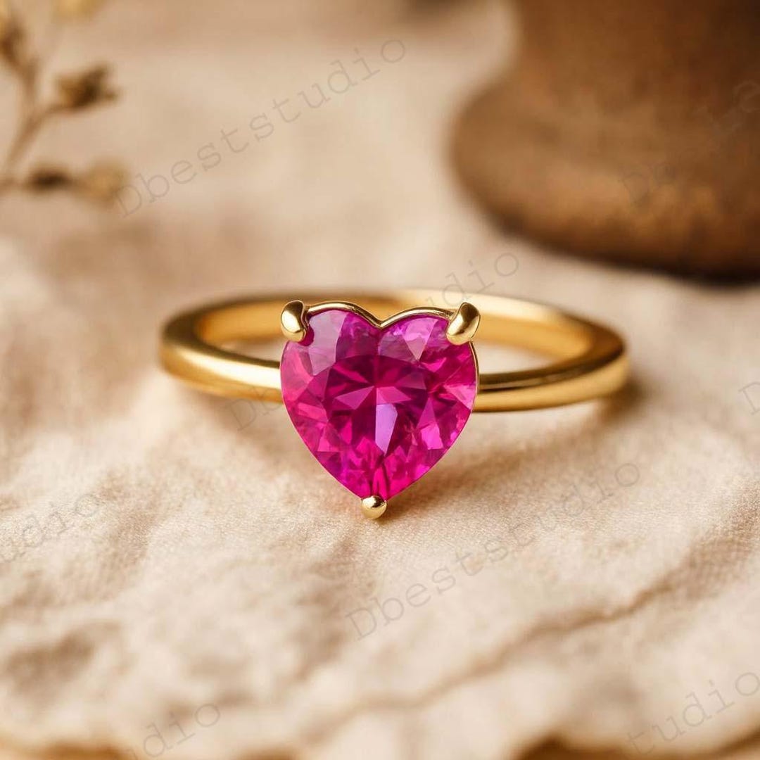 Heart Pink Ruby Wedding Ring Anniversary Ring Gift Yellow Gold ...