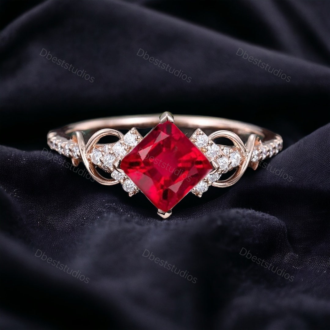 Princess Cut Ruby Engagement Ring, Unique Gold Diamond Bridal Ring ...
