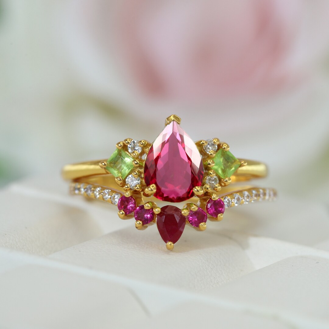 Teardrop Cluster Ruby Wedding Ring Set, Art Deco Bridesmaid Jewelry ...