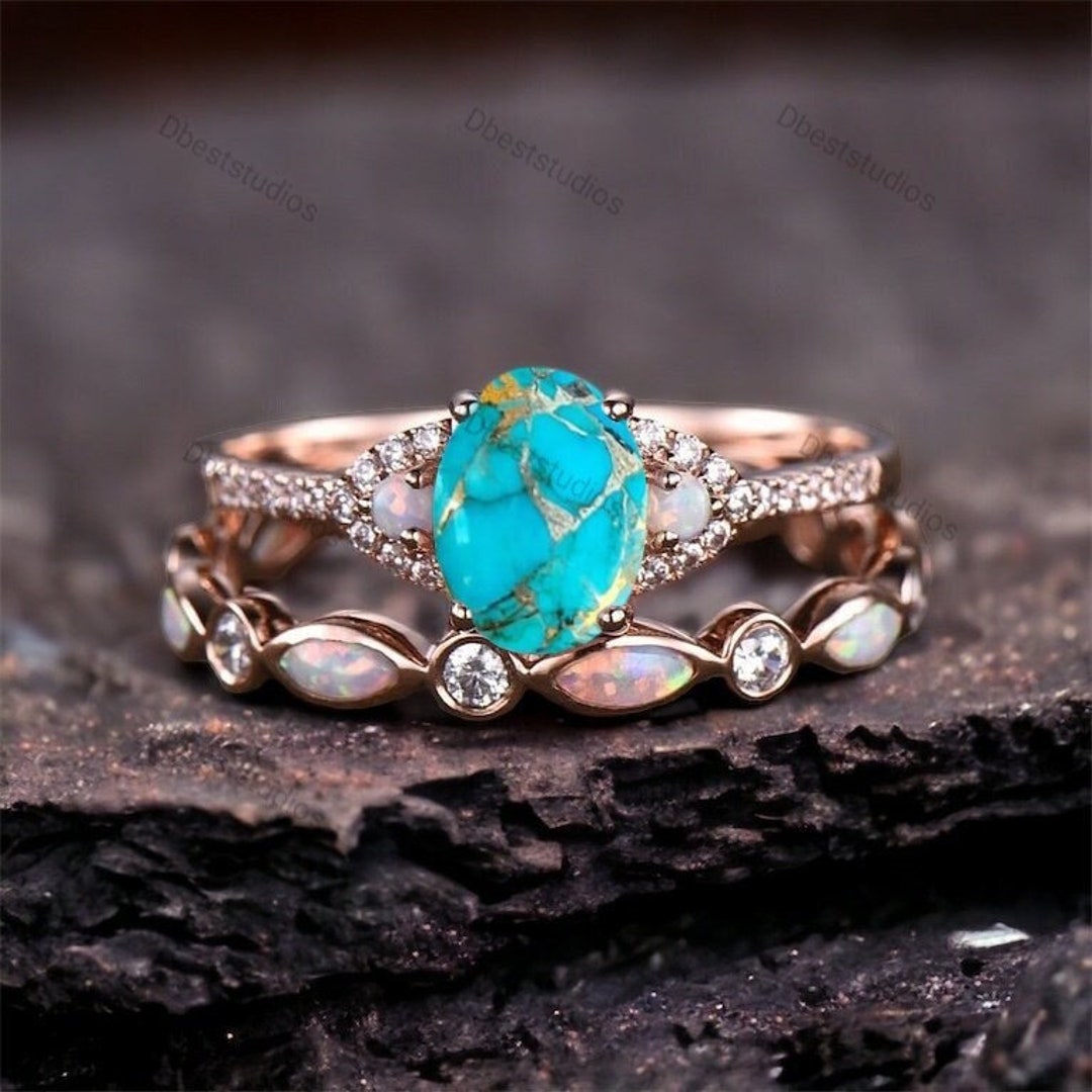 Vintage Turquoise Anniversary Ring Set Fire Opal Bridal Wedding Band ...