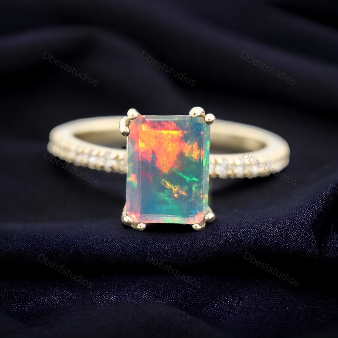 Emerald Cut Opal Engagement Ring Diamond Promise Stacking Ring Art Deco ...
