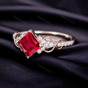 Princess Cut Ruby Engagement Ring, Unique Gold Diamond Bridal Ring ...