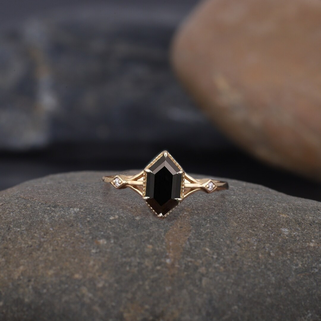 Hexagon Black Onyx Engagement Ring Rose Gold Plated Bridesmaid Jewelry ...