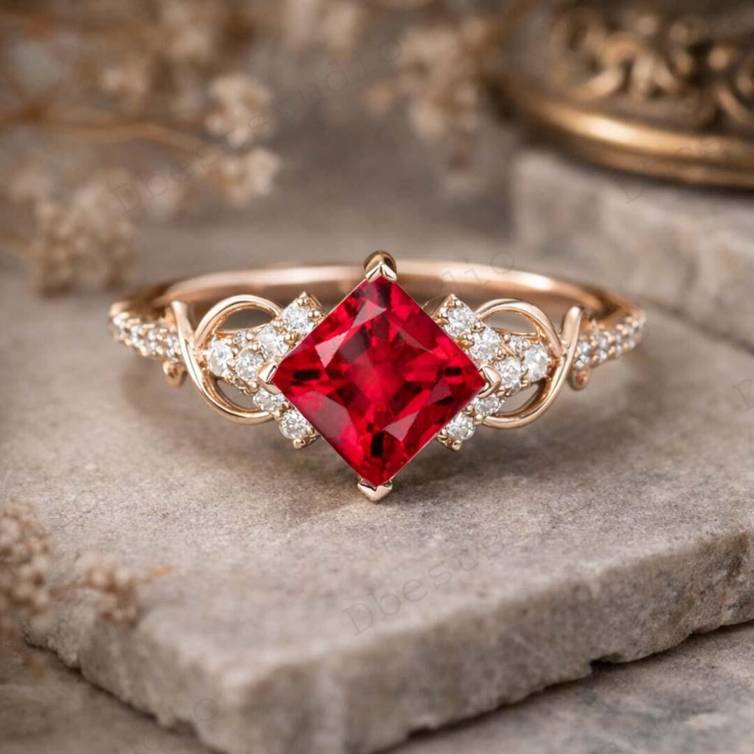 Princess Cut Ruby Engagement Ring, Unique Gold Diamond Bridal Ring ...