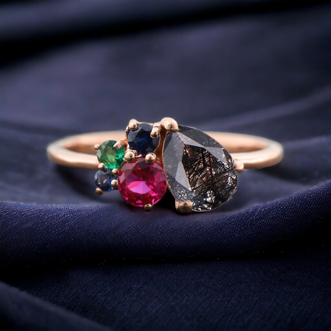 Black Rutilated Quartz Engagement Ring, Ruby Cluster Proposal Ring ...