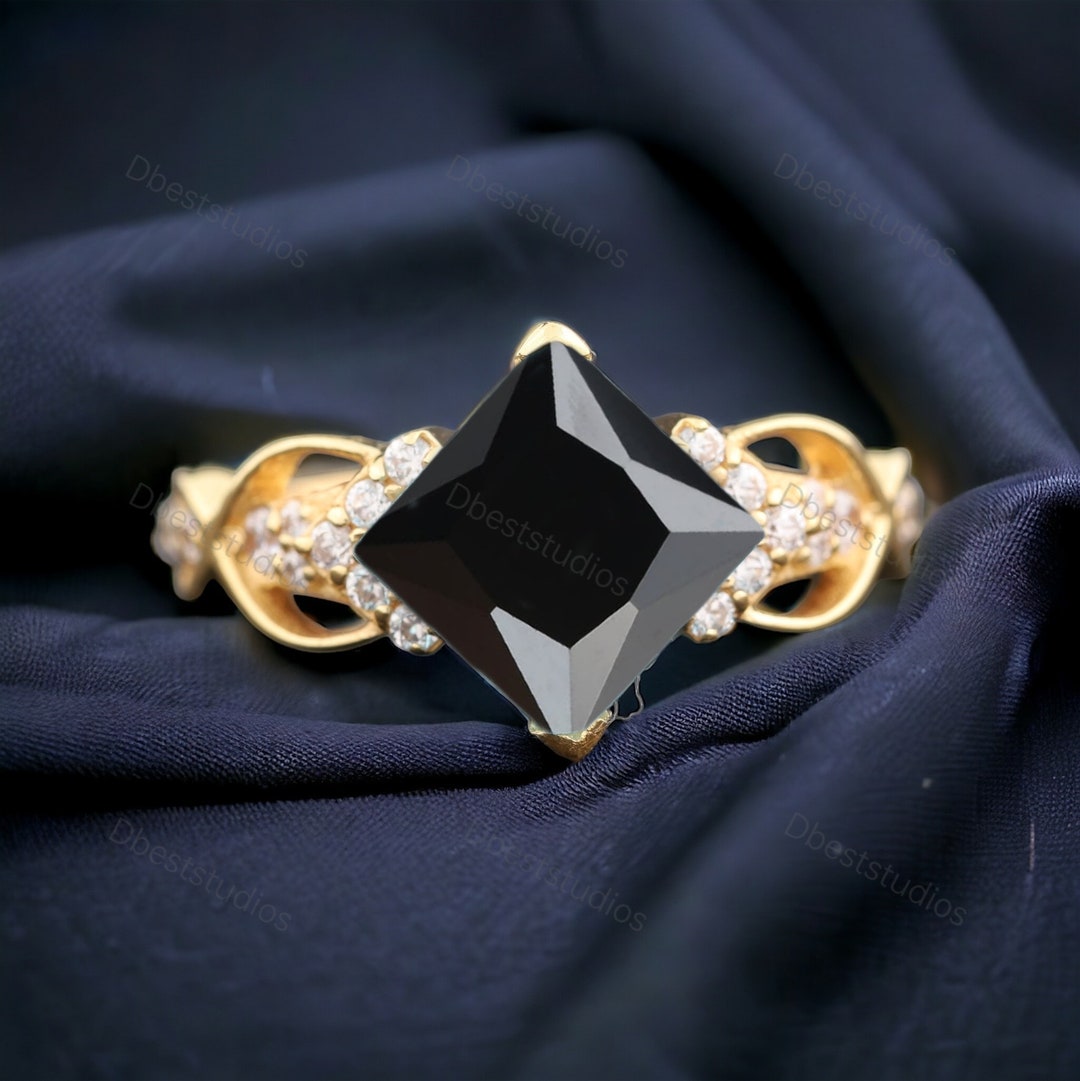 Princess Cut Black Onyx Ring Diamond Crossover Jewelry Bridal Promise ...