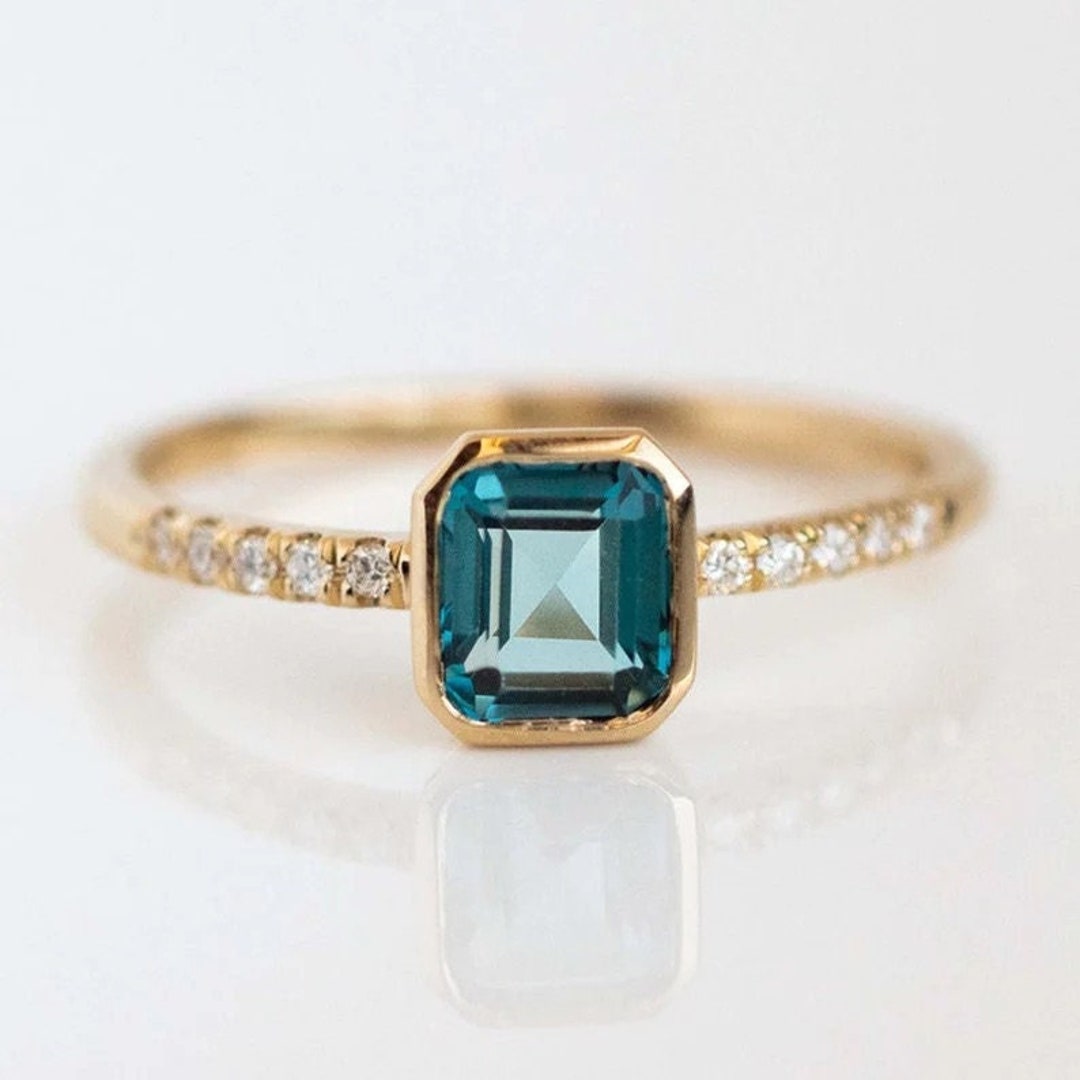 Radiant Cut Blue Topaz Engagement Ring, 14K Yellow Gold Jewelry, Women ...