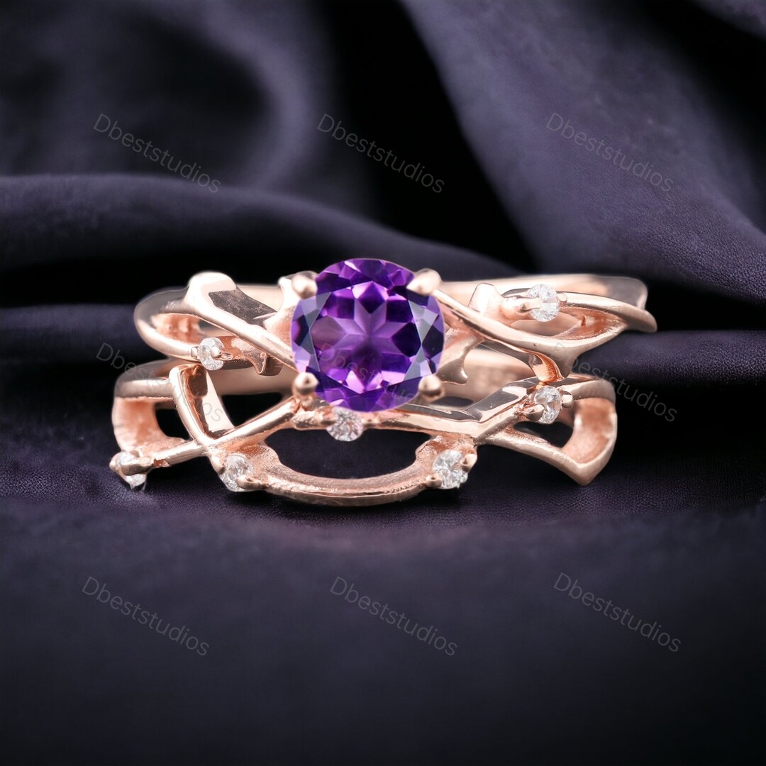 Vintage Amethyst Engagement Ring Set Bridal Diamond Crossover Band ...