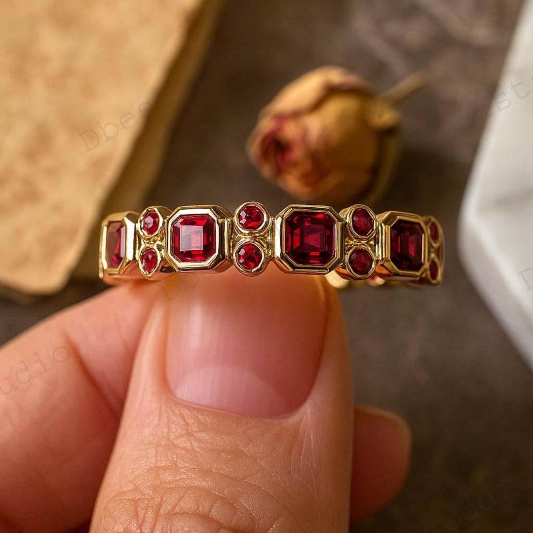 Vintage Ruby Wedding Band, Princess-cut Ruby Ring, Bezel Setting Band ...