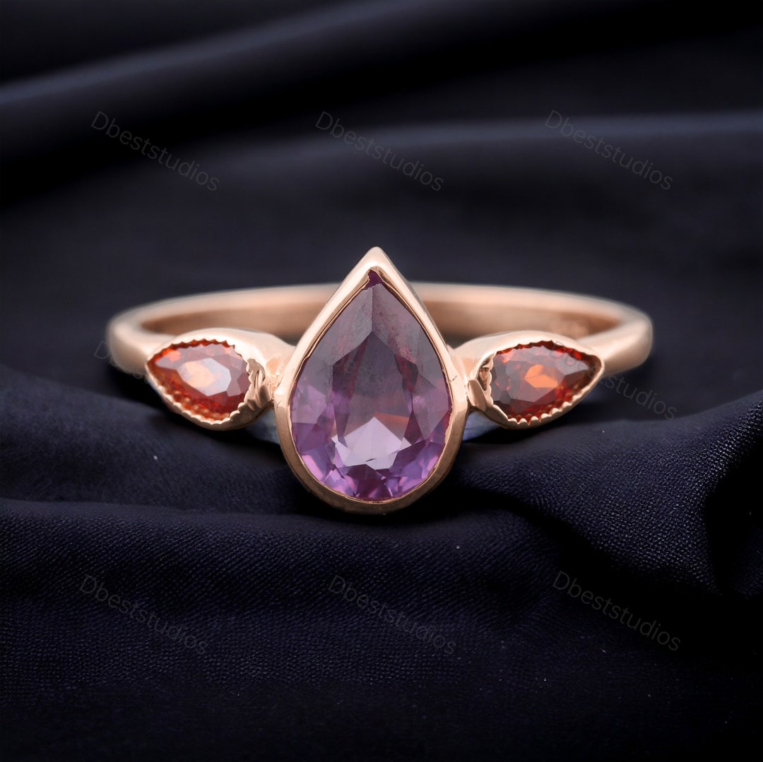 Teradrop Amethyst Bezel Set Wedding Ring, Rose Gold Plated, Garnet Bridal Ring, Three Stone ...